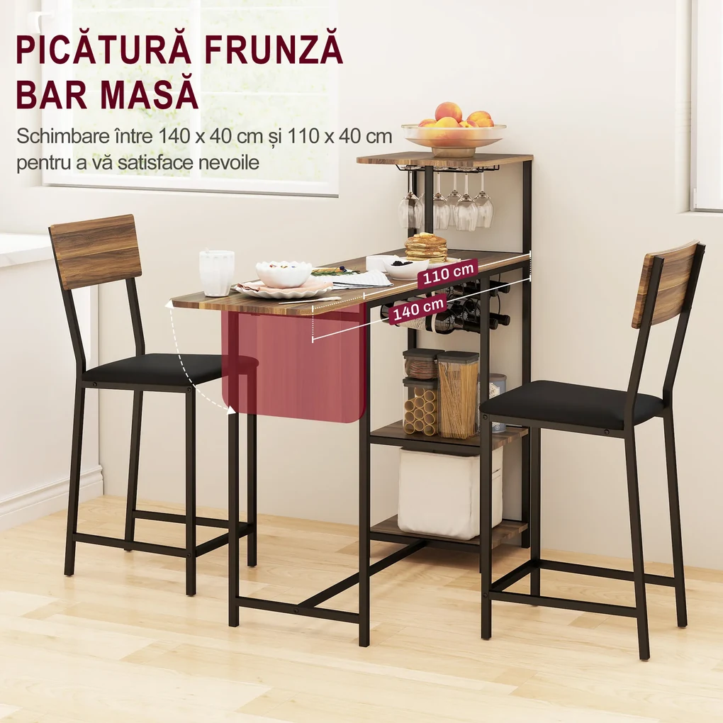 HOMCOM Set Blat de Bar Pliabil și 2 Scaune, Suport Vin și Pahare, Maro ...