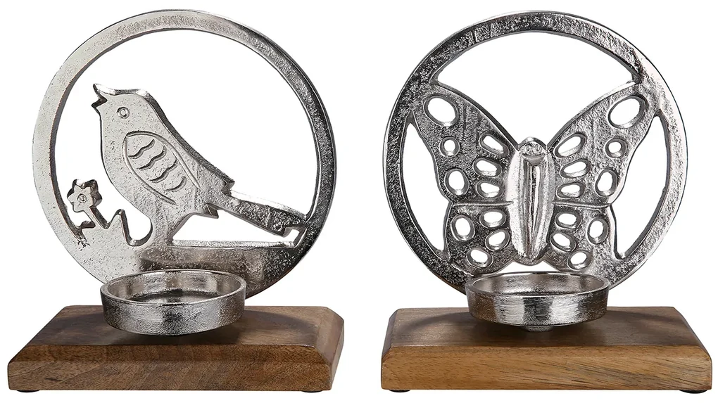 Set 2 suporturi lumanare pasare, fluture, aluminiu lemn, maro argintiu ...