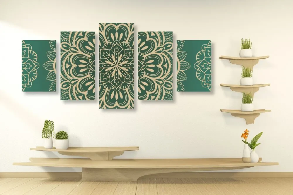 Tablou 5-piese Mandala pe un fundal turcoaz | BIANO