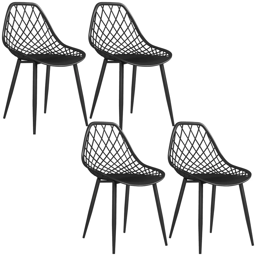 HOMCOM Set 4 Scaune Moderne cu Spătar Perforat Plastic și Metal Negru ...