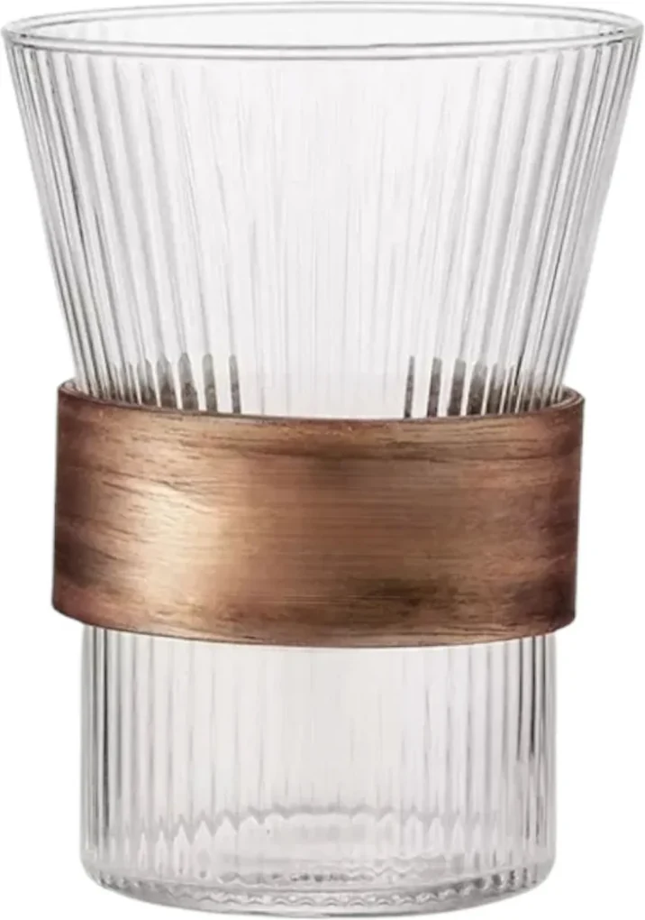 Pahar din sticla borosilicata cu protectie lemn, Lines, 350 ml | BIANO