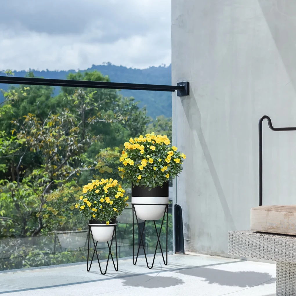 Outsunny Set 2 Ghivece Înălțate cu Suport Metalic, Vase Decorative ...