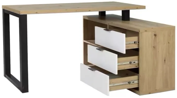 Birou pe colt , 135cm x 115 cm, picior metalic, 3 sertare,raft , stejar ...