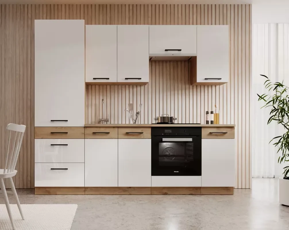 Set mobila bucatarie , 240 cm lungime, blat stejar lancelot inclus, alb ...