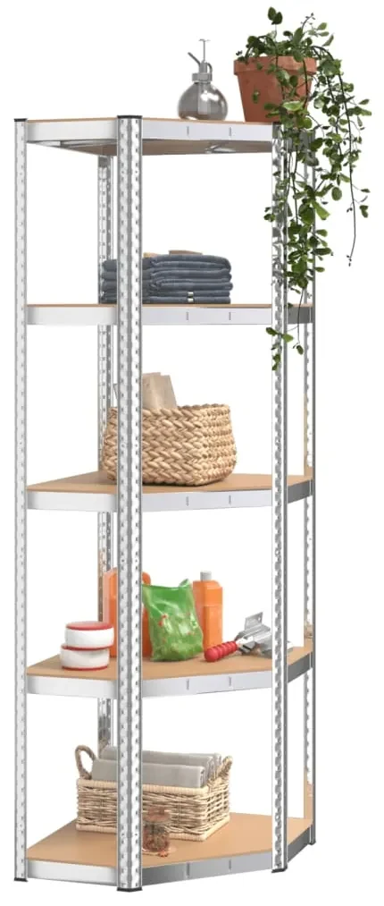 Raft de colt cu 5 niveluri, argintiu, otel si lemn prelucrat | BIANO