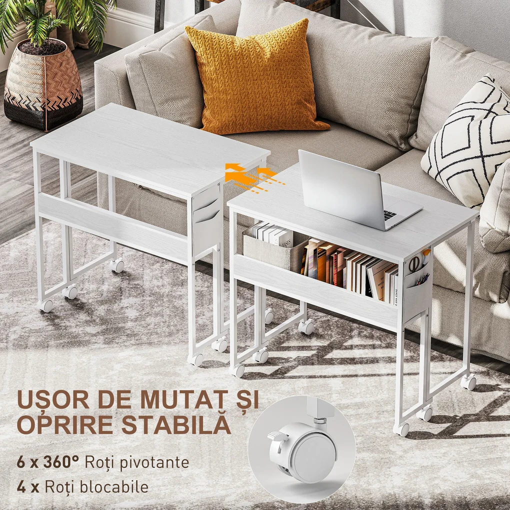 HOMCOM Birou pliabil 80cm, raft, roți, alb | Aosom Romania | BIANO