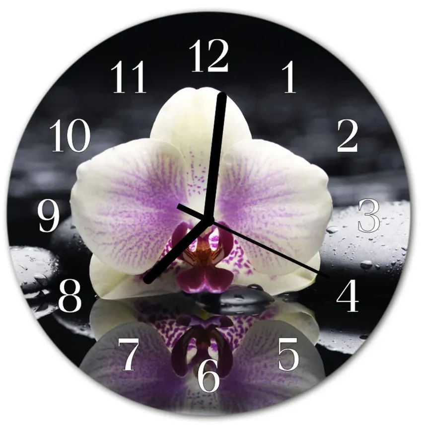 Ceas de perete din sticla rotund Orhideea flori violet | BIANO