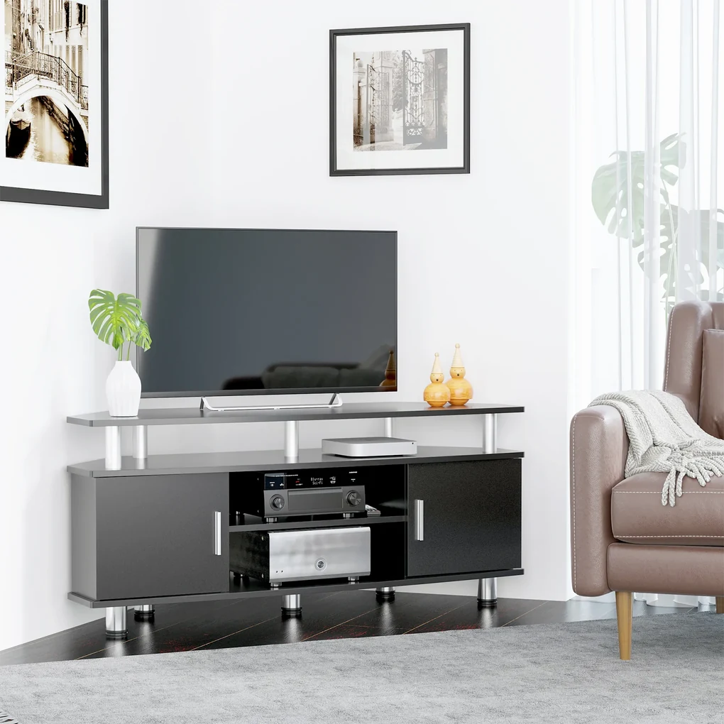 Comoda TV moderna HOMCOM, cu 2 compartimente inchise, raft, blat, benzi ...