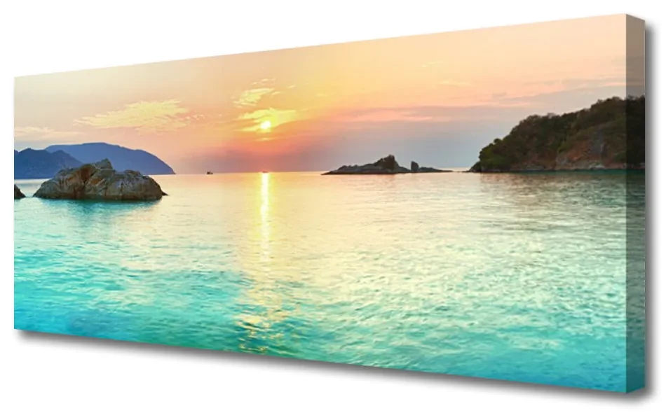 Tablou pe panza canvas Sea Sun Rocks Peisaj Galben Gri Albastru | BIANO