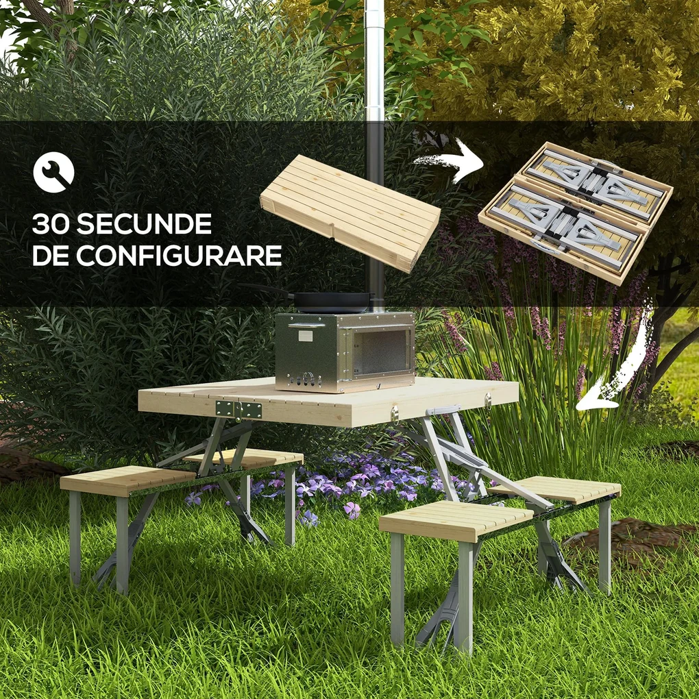 Outsunny Set Picnic Pliabil cu Masa, Scaune, Loc pentru Umbrelă, Cadru ...