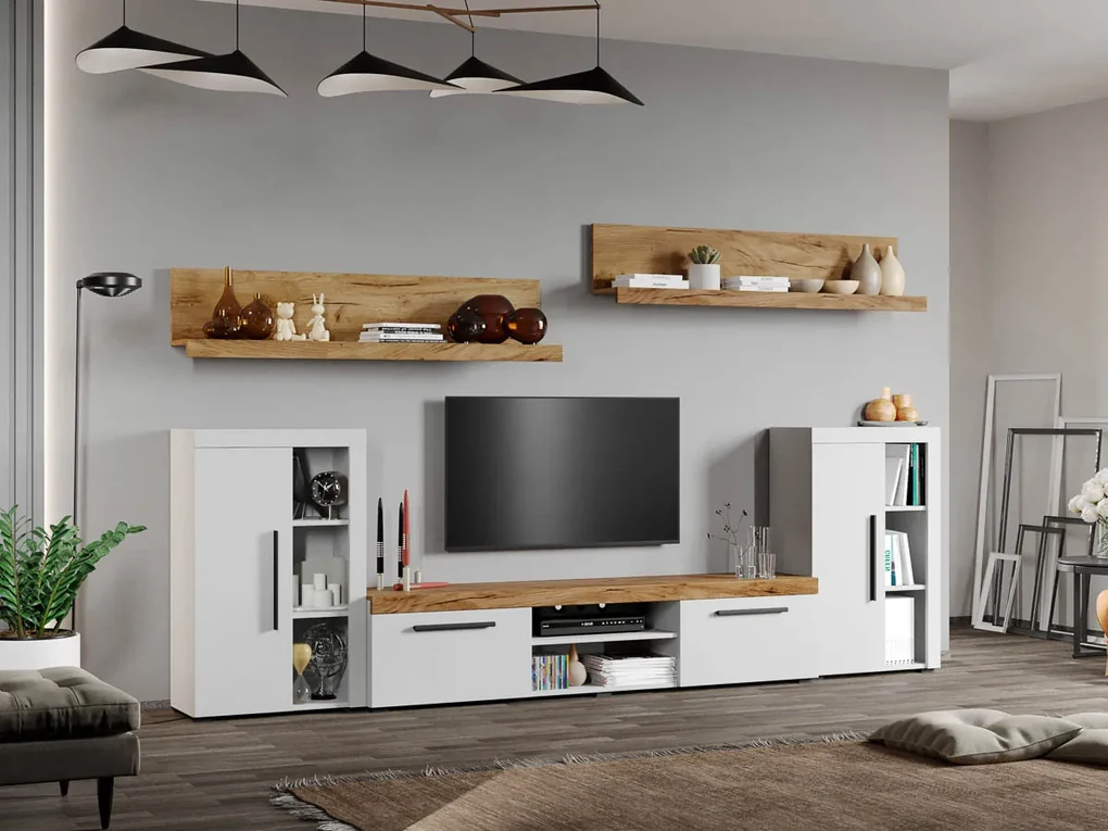 Set Mobilier Living Alb cu Stejar Auriu-Olaf-C10 | BIANO