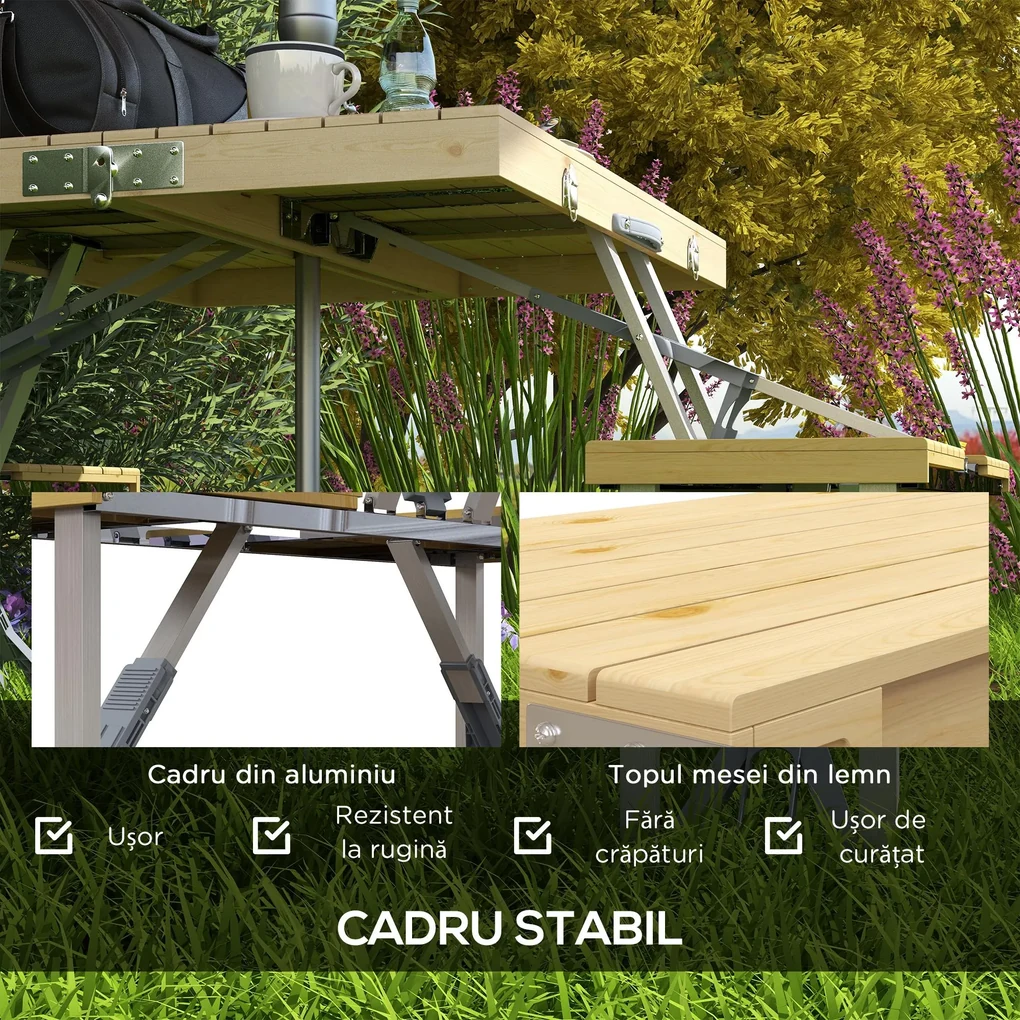 Outsunny Set Picnic Pliabil cu Masa, Scaune, Loc pentru Umbrelă, Cadru ...