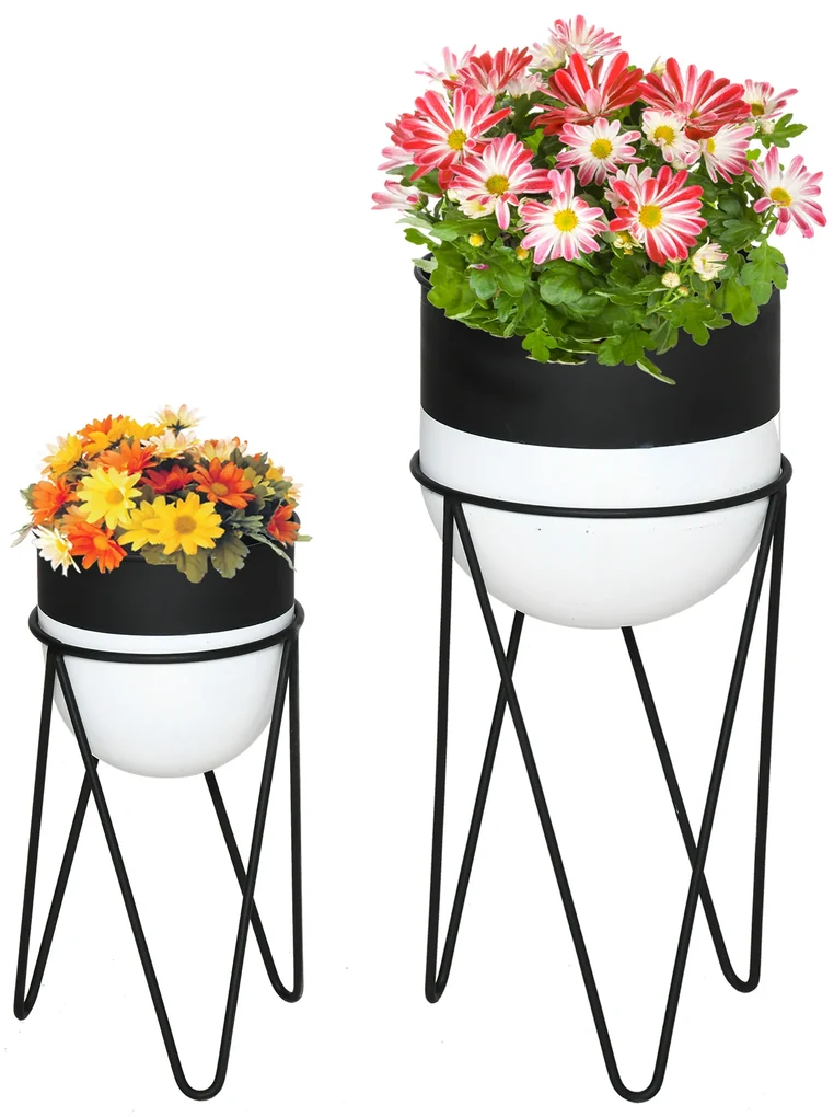 Outsunny Set 2 Ghivece Înălțate cu Suport Metalic, Vase Decorative ...