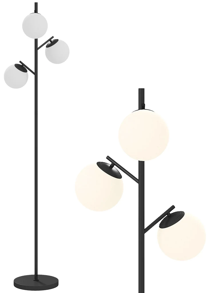 HOMCOM Lampadar de podea în metal cu 3 abajururi globe din sticlă mată ...