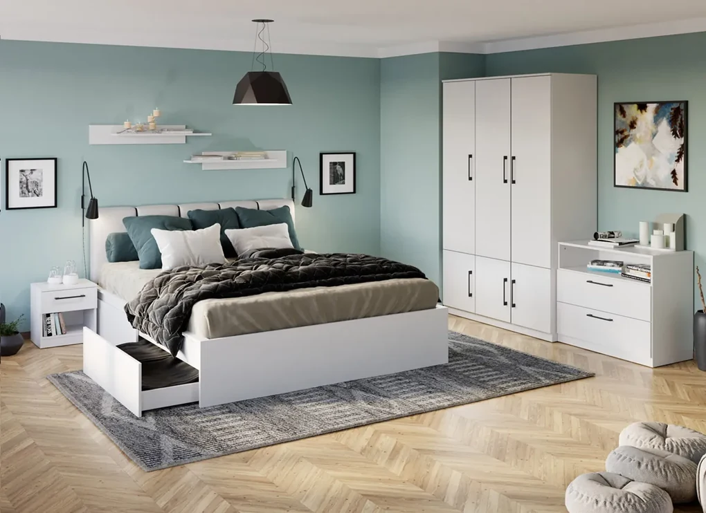 Set mobila dormitor alb pat tapitat - Adam 5 | BIANO