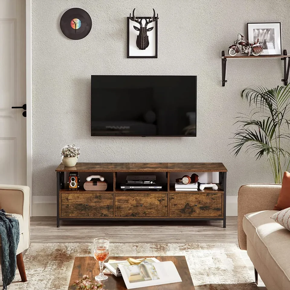 Comoda TV cu 3 Rafturi si 3 Sertare, PAL Melaminat / Metal, Maro ...