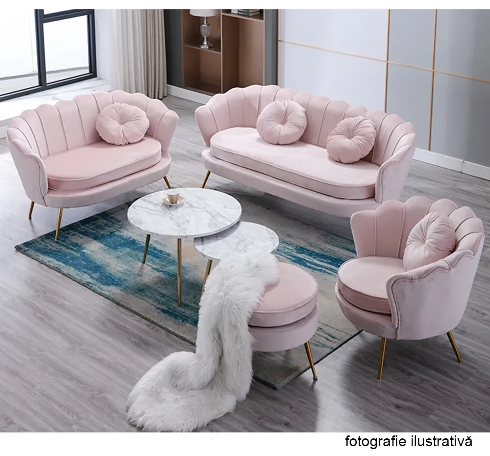 Fotoliu în stil Art-deco, catifea Velvet roz/crom auriu, NOBLIN | BIANO