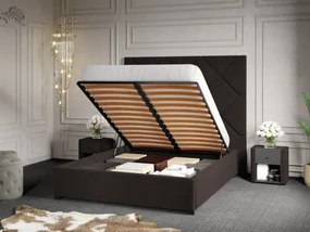 Pat Tapitat cu Panou Inalt C2 Dubai cu somiera rabatabila si lada de ...