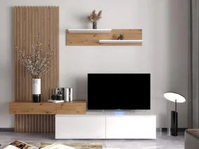 Living cu Riflaje Rebeca, 210 X 200 x 42 CM, Stejar Artizan + Alb | BIANO